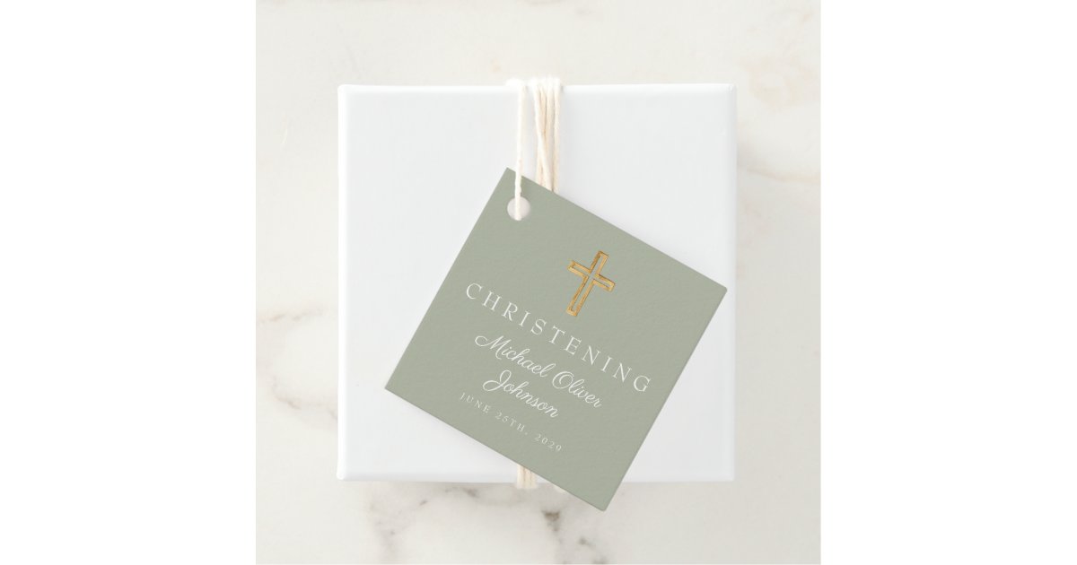 Religious Sage Green Cross Christening Favor Tags | Zazzle