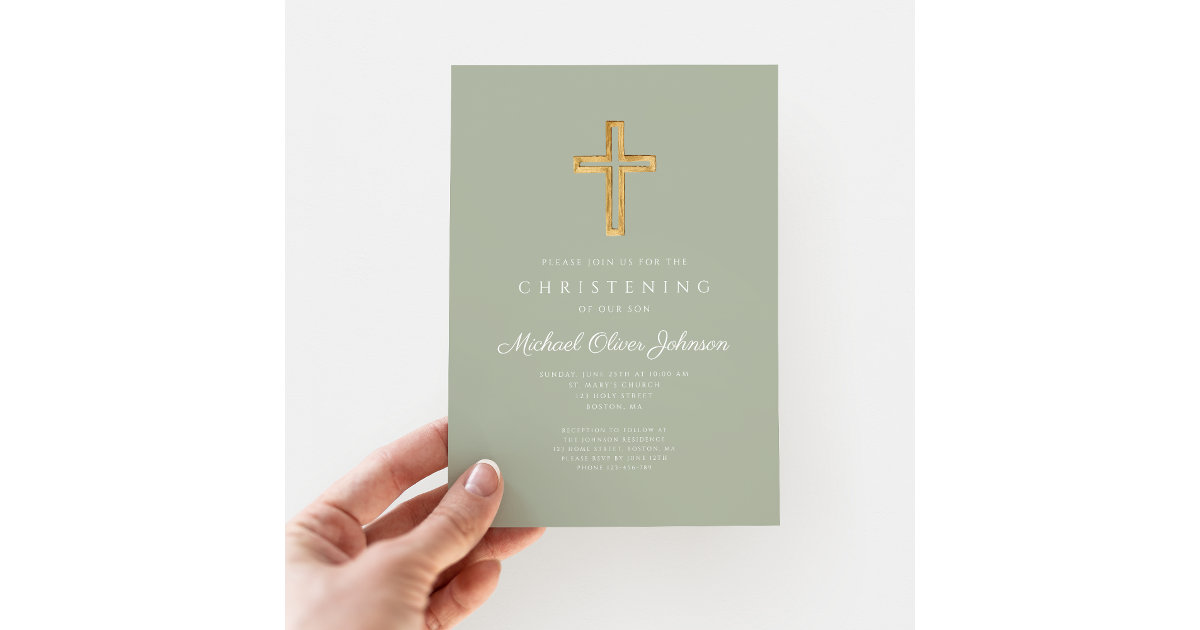 Religious Sage Green Wood Cross Christening Invitation | Zazzle