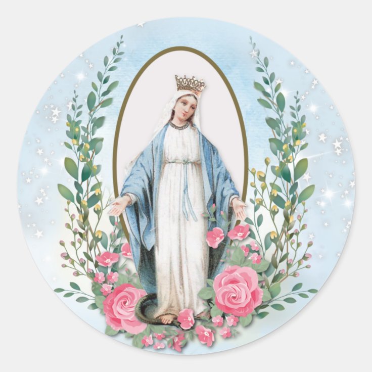 Religious Vintage Virgin Mary Catholic Floral Classic Round Sticker ...