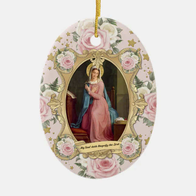Religious Virgin Mary Vintage Pink Roses Catholic Ceramic Ornament | Zazzle