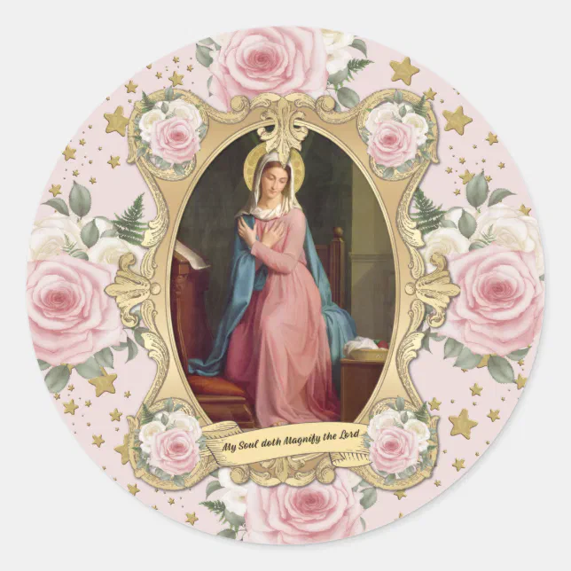 Religious Virgin Mary Vintage Pink Roses Catholic Classic Round Sticker ...