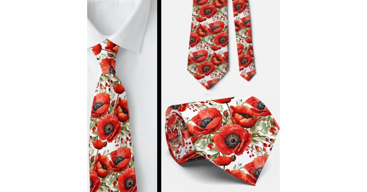 Remembrance Day Red Poppies Poppy Floral Neck TIe | Zazzle