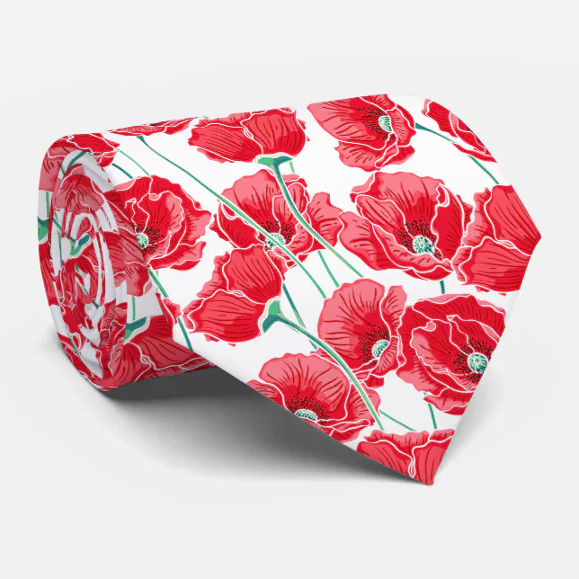 Remembrance red poppy field floral pattern tie | Zazzle