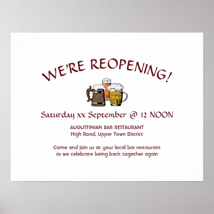 REOPENING! Bar Restaurant Business Customizable Poster | Zazzle
