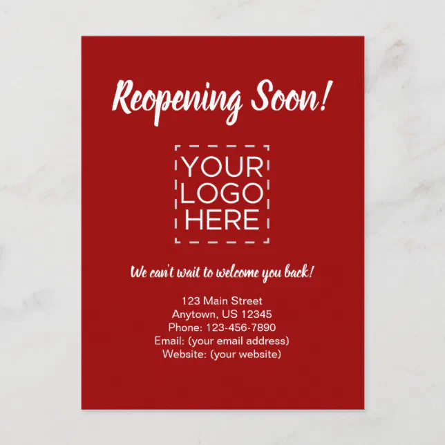 Reopening Soon Business Reopening Announcement Red Postcard | Zazzle
