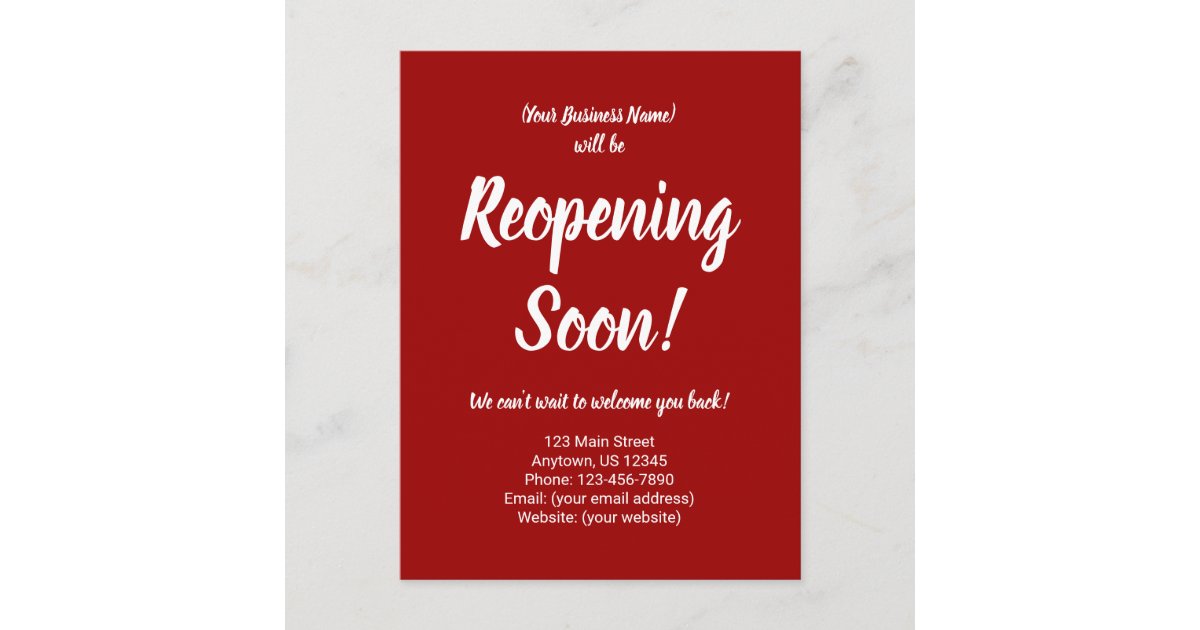 Reopening Soon Business Reopening Announcement Red Postcard | Zazzle