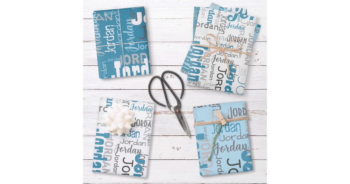 Repeating Name Personalized Blue White Gray Wrapping Paper Sheets | Zazzle