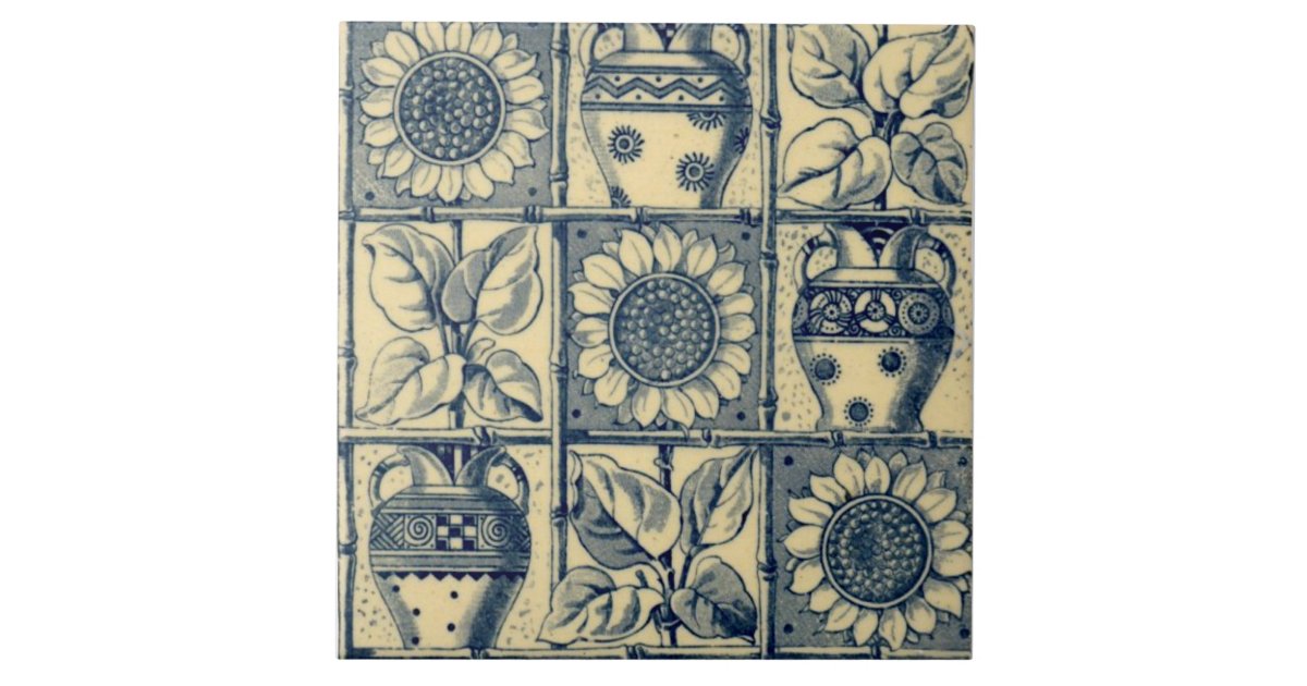 Repro Blue & Buff Sunflowers Urns Bamboo Trellis Ceramic Tile | Zazzle