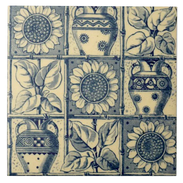 Repro Blue & Buff Sunflowers Urns Bamboo Trellis Ceramic Tile | Zazzle
