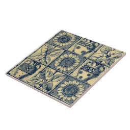 Repro Blue & Buff Sunflowers Urns Bamboo Trellis Ceramic Tile | Zazzle