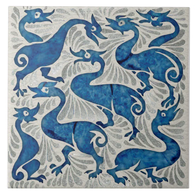 Repro De Morgan Ducks in Blue & Silver on White Ceramic Tile | Zazzle