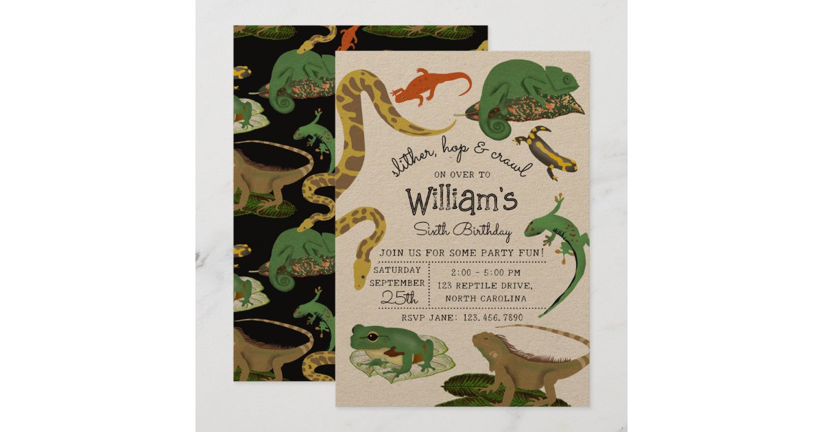 Reptile, Lizards & Amphibians Kids Birthday Kraft Invitation | Zazzle
