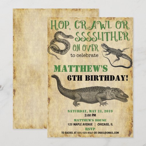 Reptile party birthday, snake lizard alligator invitation | Zazzle
