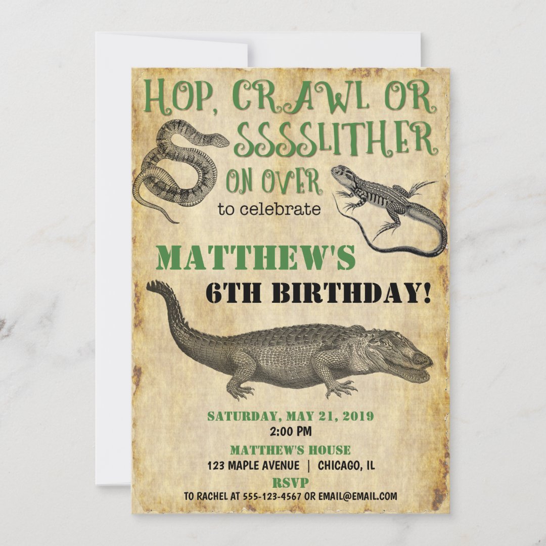 Reptile party birthday, snake lizard alligator invitation | Zazzle