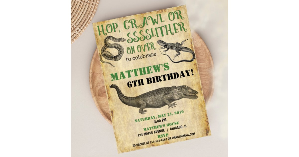 Reptile party birthday, snake lizard alligator invitation | Zazzle