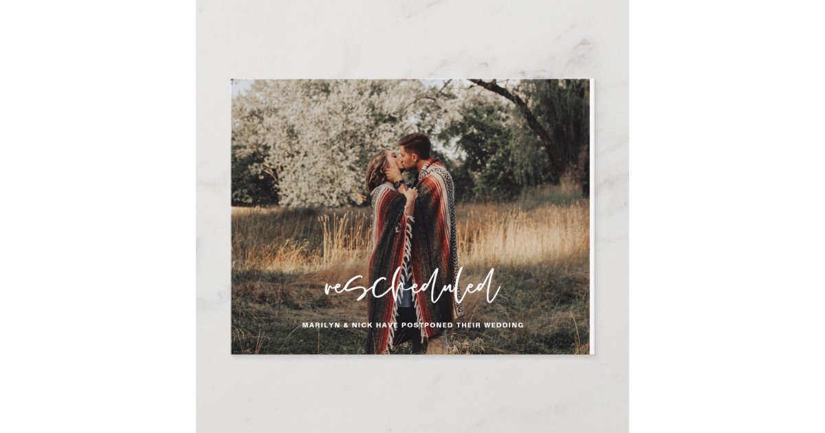 Rescheduled, Wedding Photo, Change of Date Postcard | Zazzle