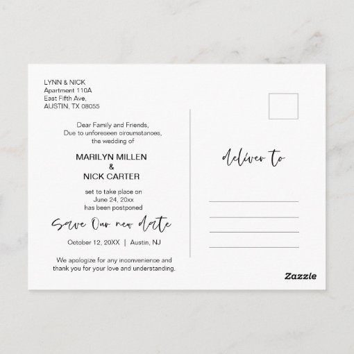 Rescheduled, Wedding Photo, Change of Date Postcard | Zazzle