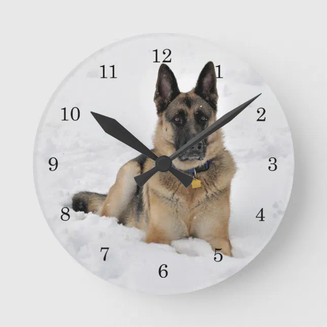 Rescue German Shepherd Dog in Snow Round Clock | Zazzle