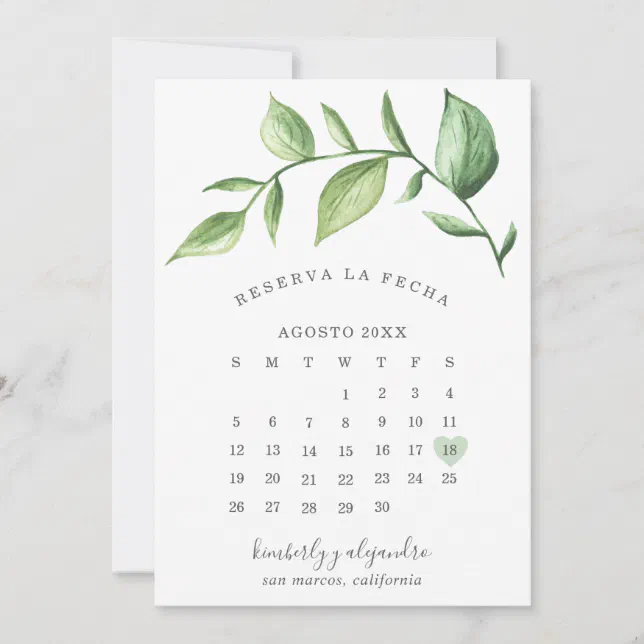 Reserva La Fecha Rustic Greenery Calendar Spanish Save The Date | Zazzle