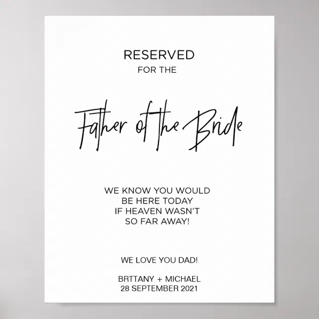 Reserved for the Father of The Bride Loving Memory Poster | Zazzle