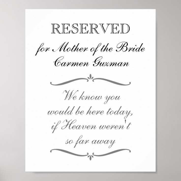 Reserved Mother of the Bride Memorial Wedding Sign | Zazzle