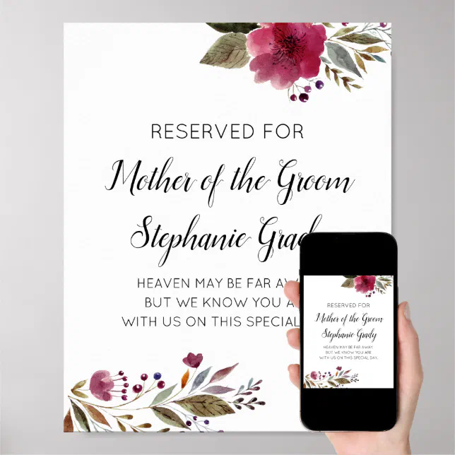 Reserved Sign For Mother of Groom Burgundy Wedding | Zazzle