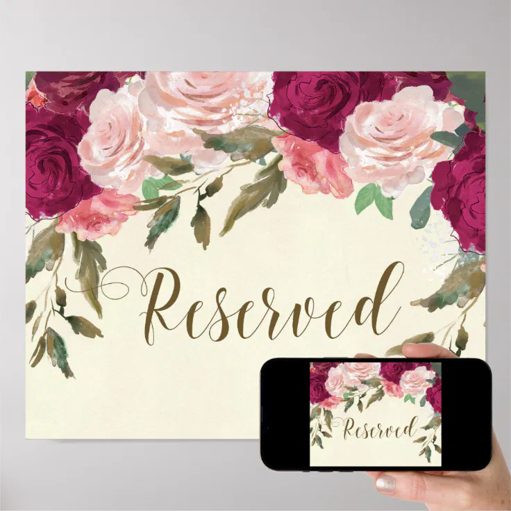 reserved sign wedding floral pink burgundy | Zazzle