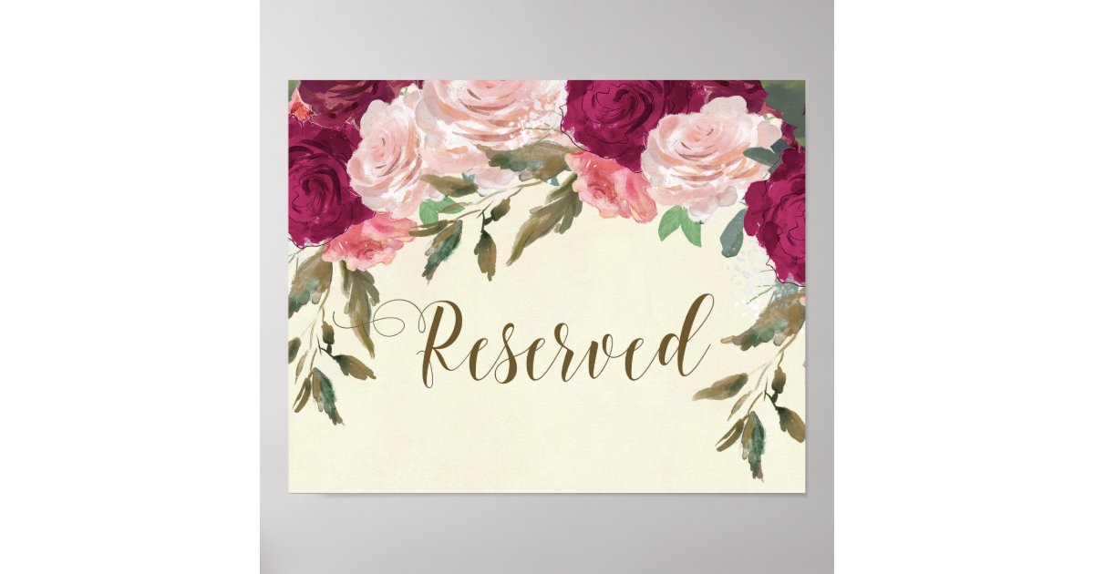 reserved sign wedding floral pink burgundy | Zazzle