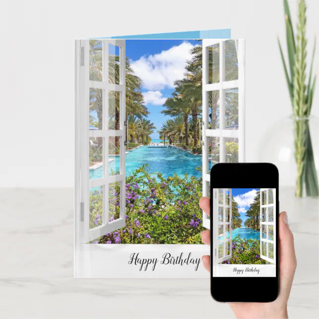 Resort Poolside Window Birthday Card | Zazzle