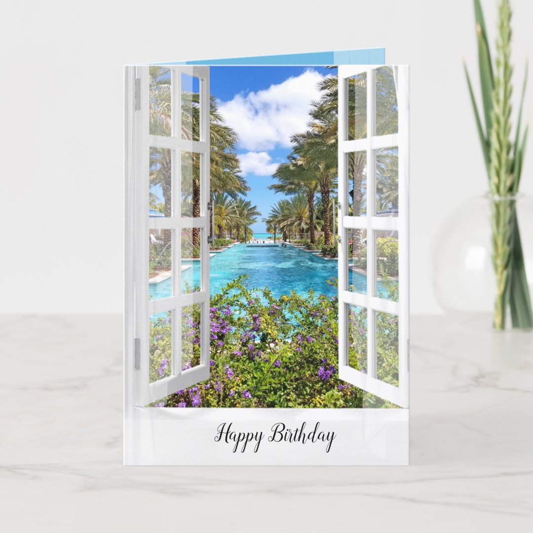 Resort Poolside Window Birthday Card | Zazzle
