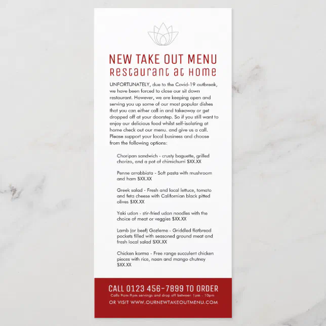 Restaurant at home new temp take out menu | Zazzle