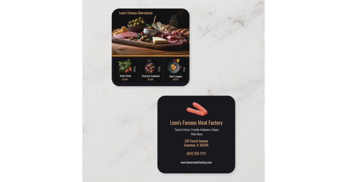restaurant business card featuring entrees | Zazzle