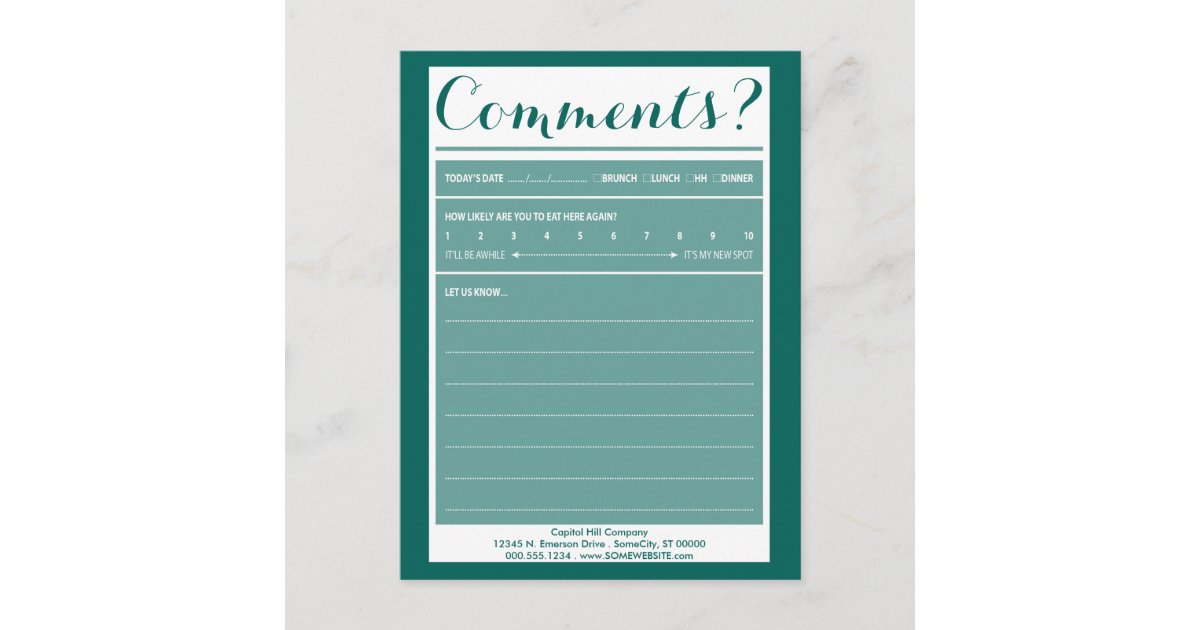 restaurant comment card with logo | Zazzle