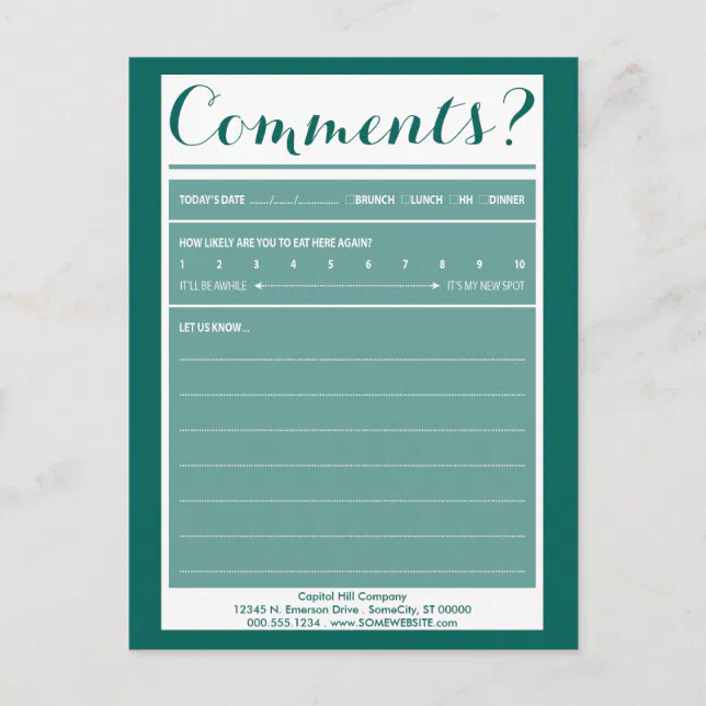 restaurant comment card with logo | Zazzle
