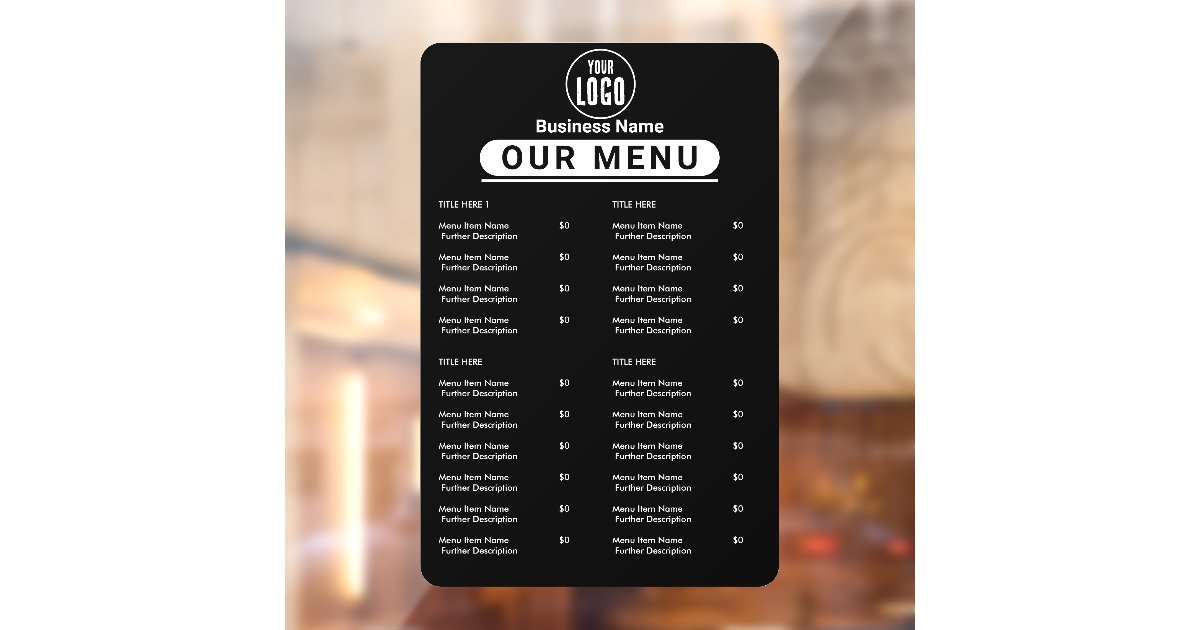 Restaurant Menu | Black Logo Cafe Menu Window Cling | Zazzle