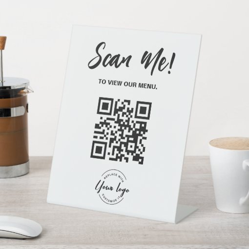 Restaurant Menu Custom QR code Scan Me Logo Pedestal Sign | Zazzle
