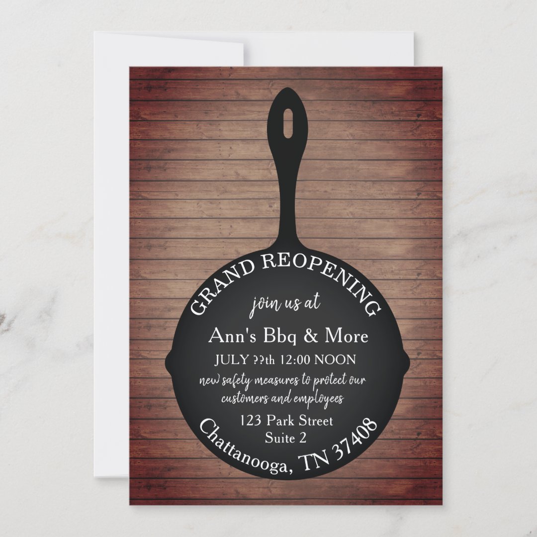 Restaurant Reopening Iron Skillet Wood Invitation | Zazzle