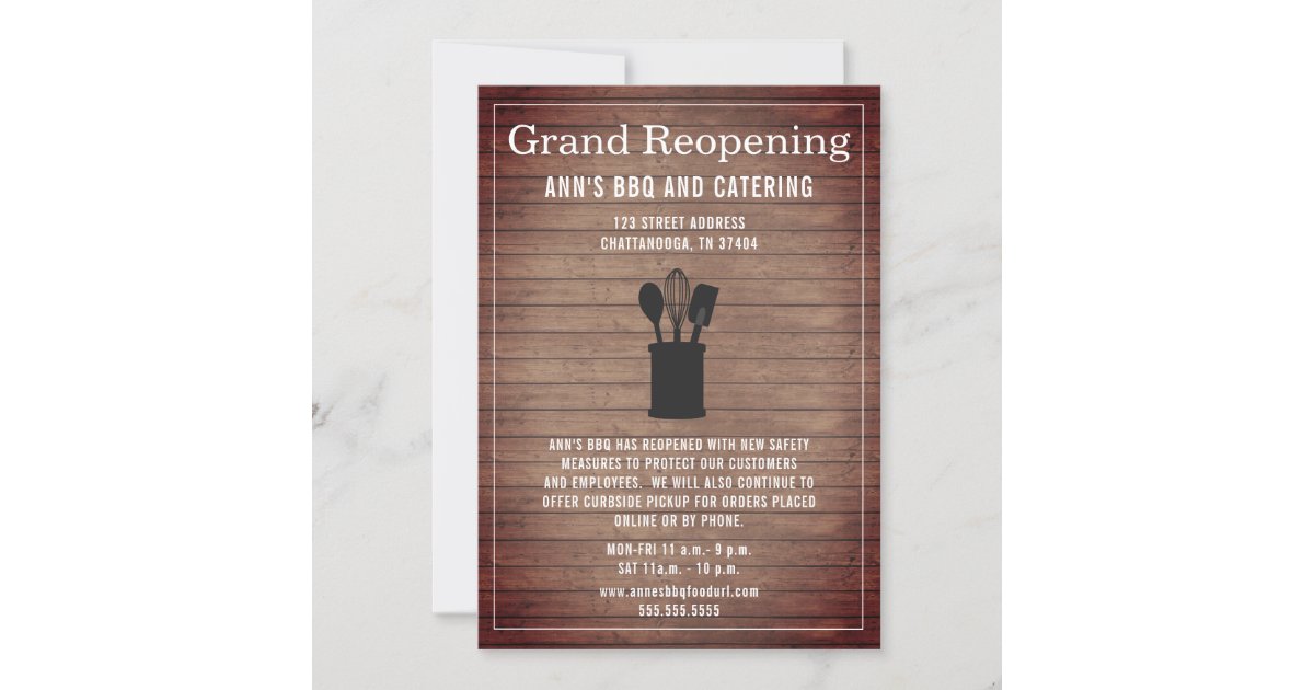 Restaurant Reopening Rustic Wood Crock Invitation | Zazzle