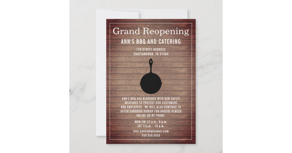 Restaurant Reopening Rustic Wood Skillet Invitation | Zazzle