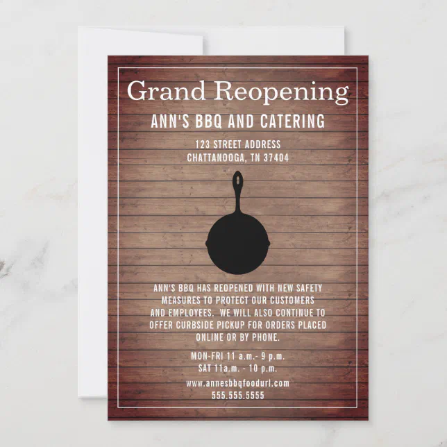 Restaurant Reopening Rustic Wood Skillet Invitation | Zazzle