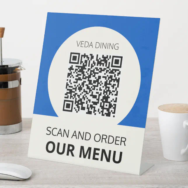 Restaurant Scan Menu Order QR Code Blue Pedestal Sign | Zazzle