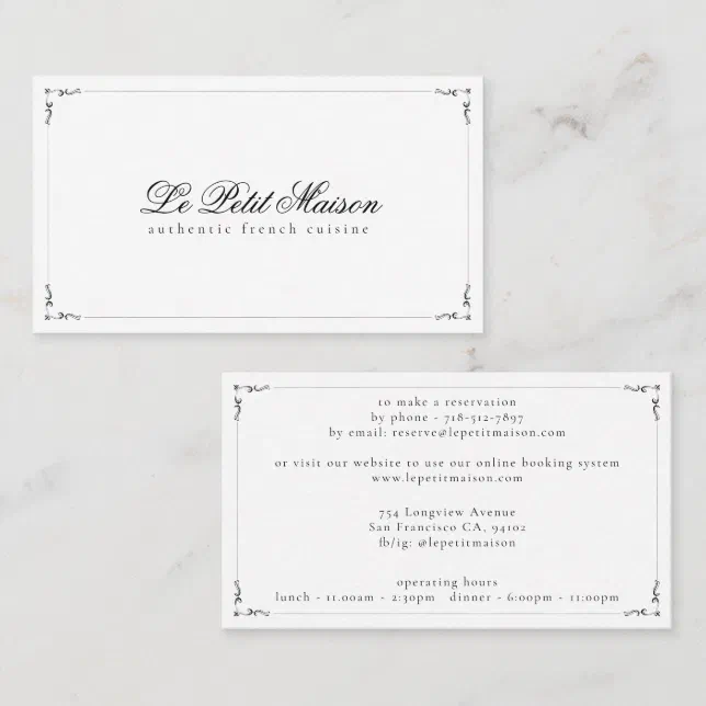 Restaurant Simple White Script Classic Reservation Business Card | Zazzle