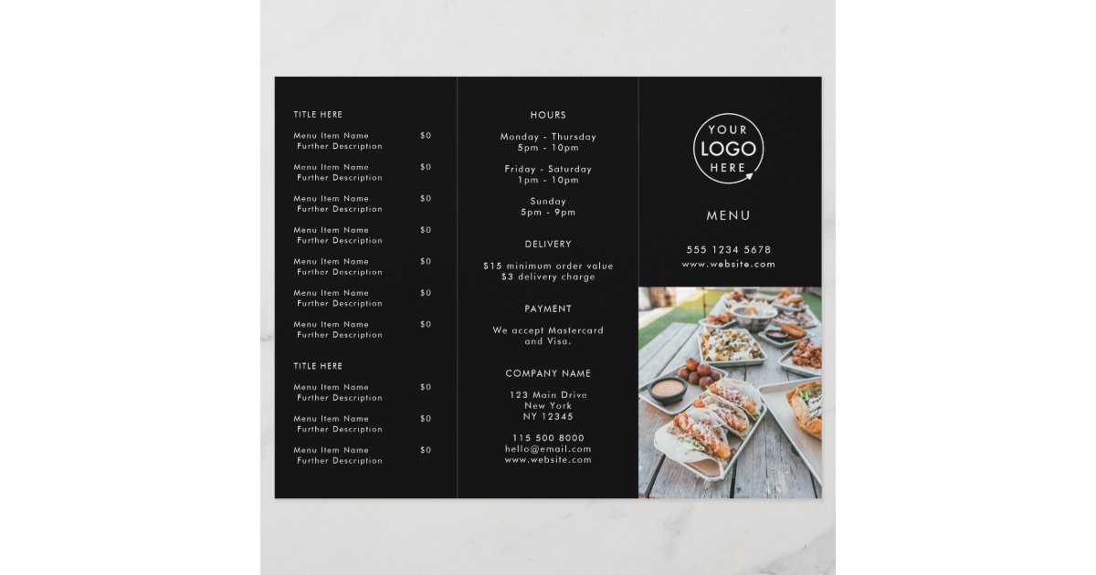 Restaurant Takeout | Black Modern Photo Menu | Zazzle