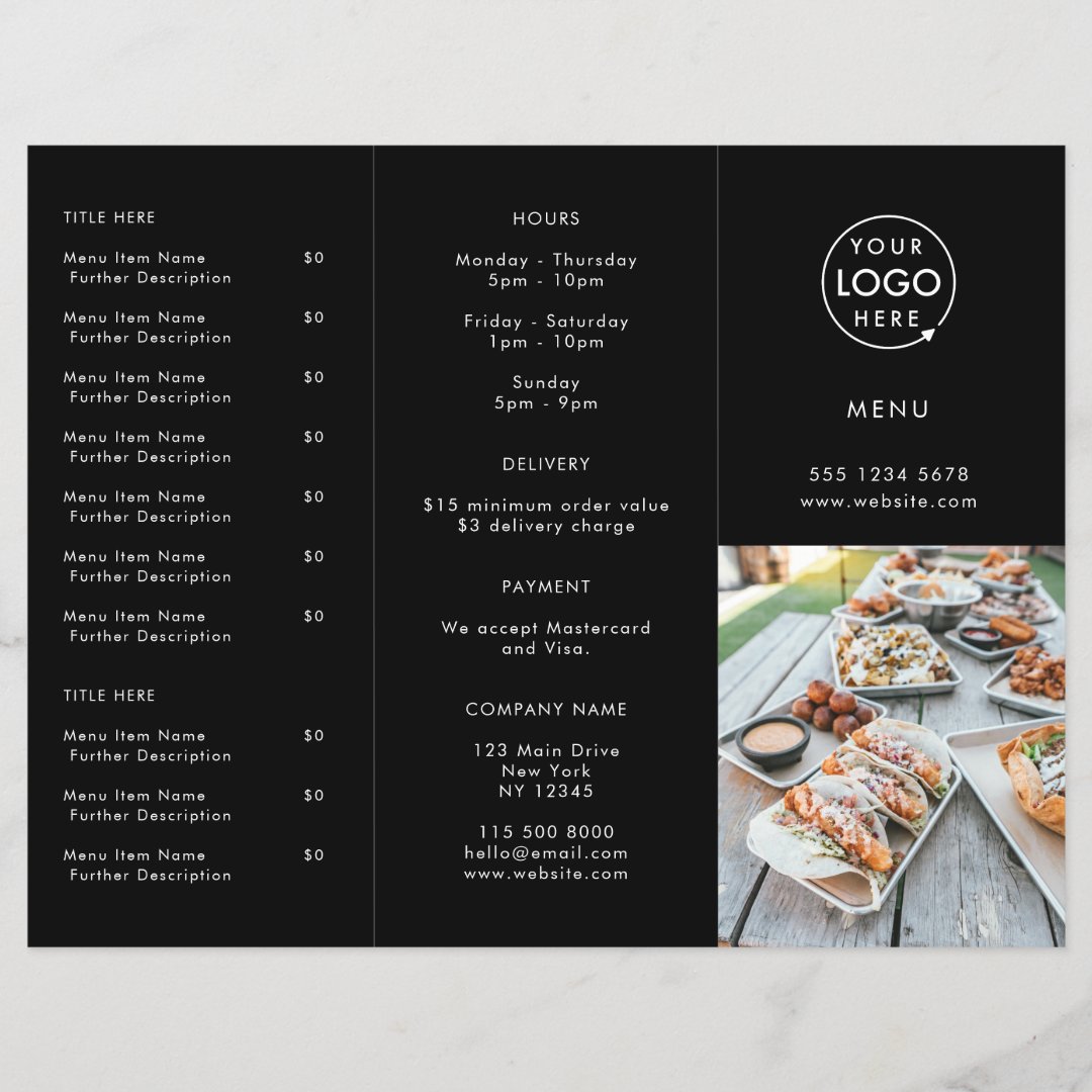 Restaurant Takeout | Black Modern Photo Menu | Zazzle