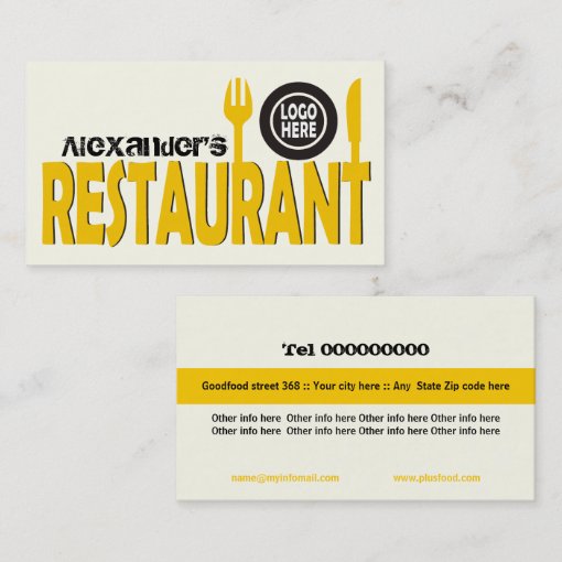 Restaurant text cutlery plate yellow black ivory business card | Zazzle