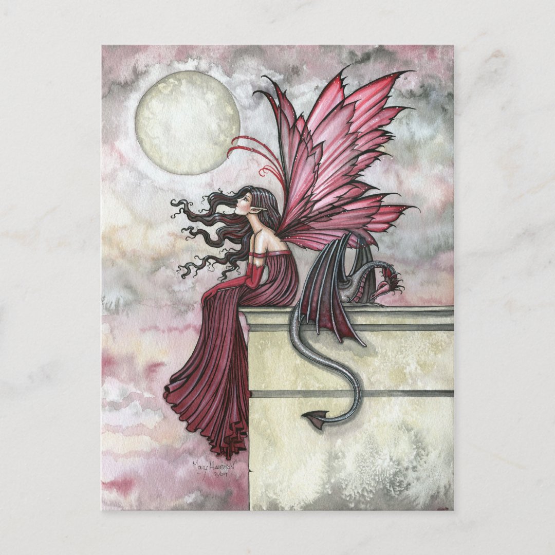Restless Ruby Fairy and Dragon Postcard | Zazzle