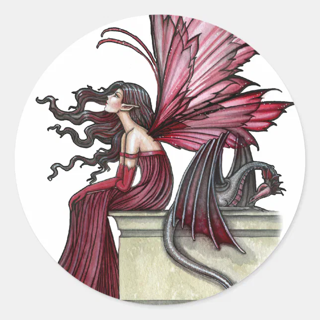Restless Ruby Gothic Red Fairy and Dragon Classic Round Sticker | Zazzle