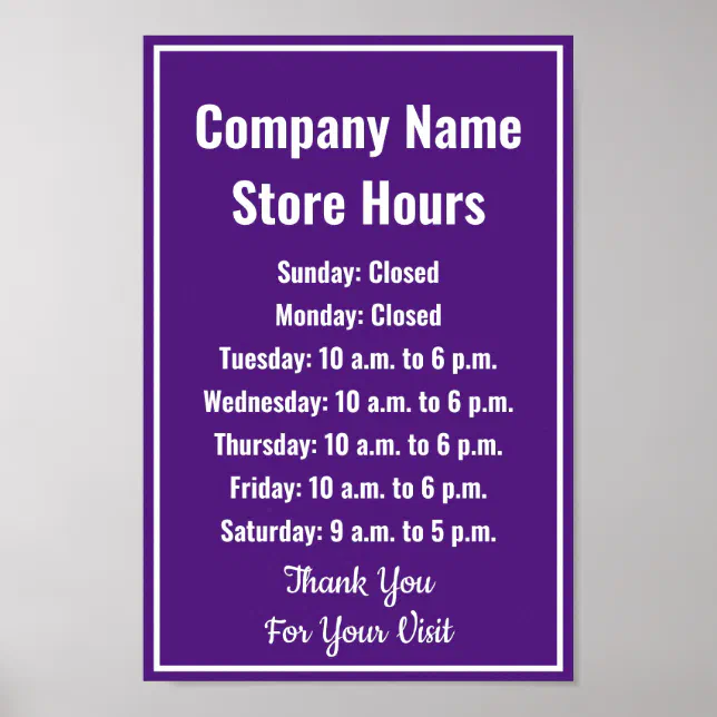 Retail Template Royal Purple Business Hours Poster | Zazzle