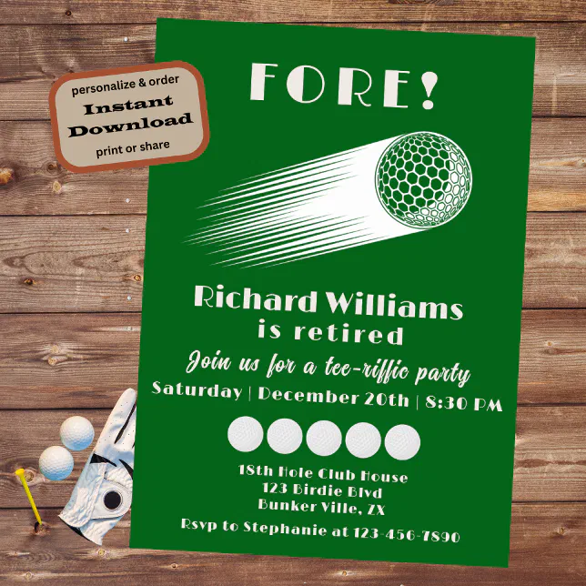 Retired Golf Fore Tee-Riffic Retirement party Invitation | Zazzle