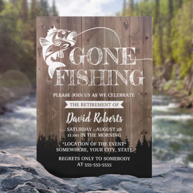 Retired Gone Fishing Rustic Outdoors Retirement Invitation | Zazzle